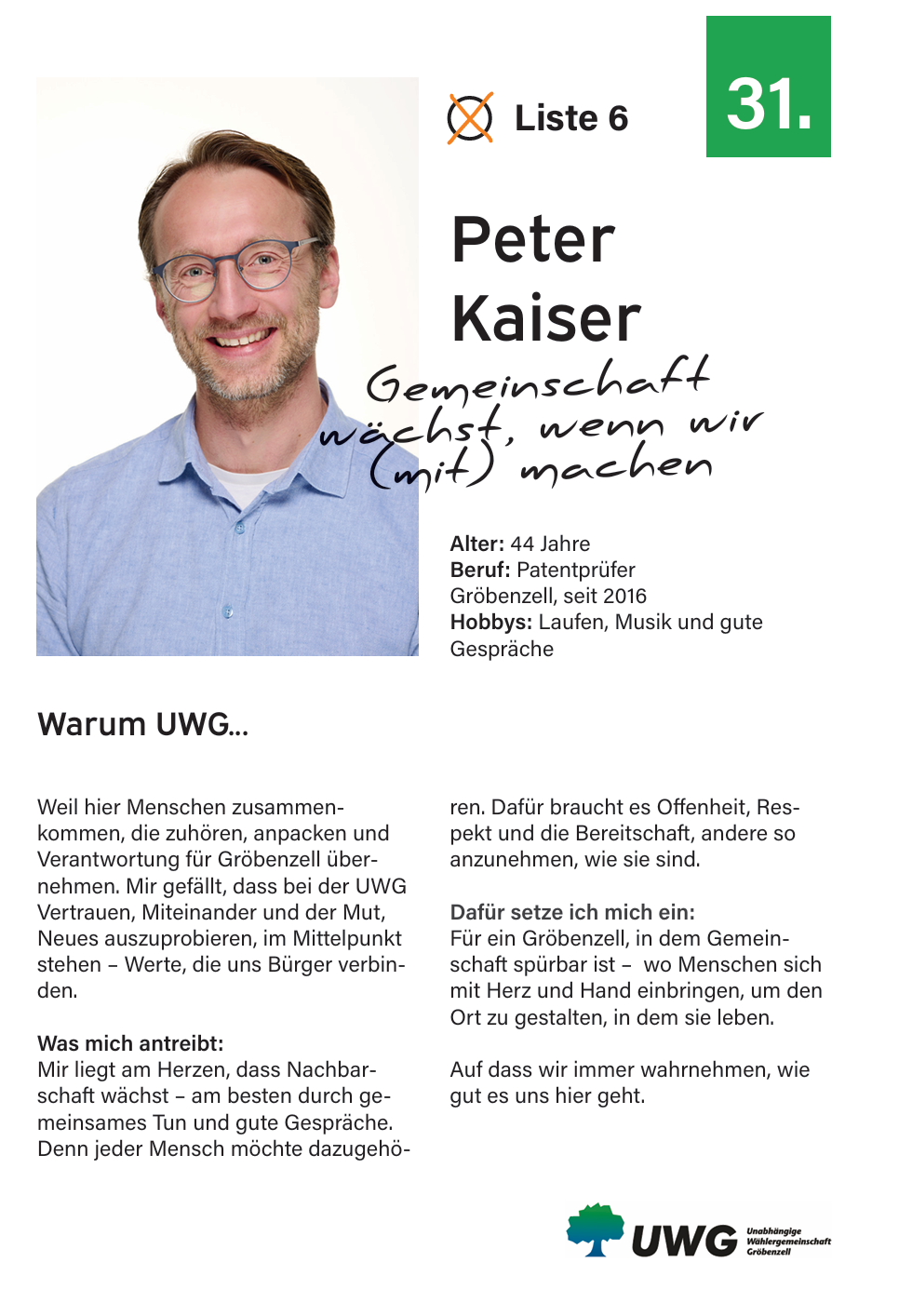 Liste 6- Platz 31 -Peter Kaiser - UWG Gröbenzell